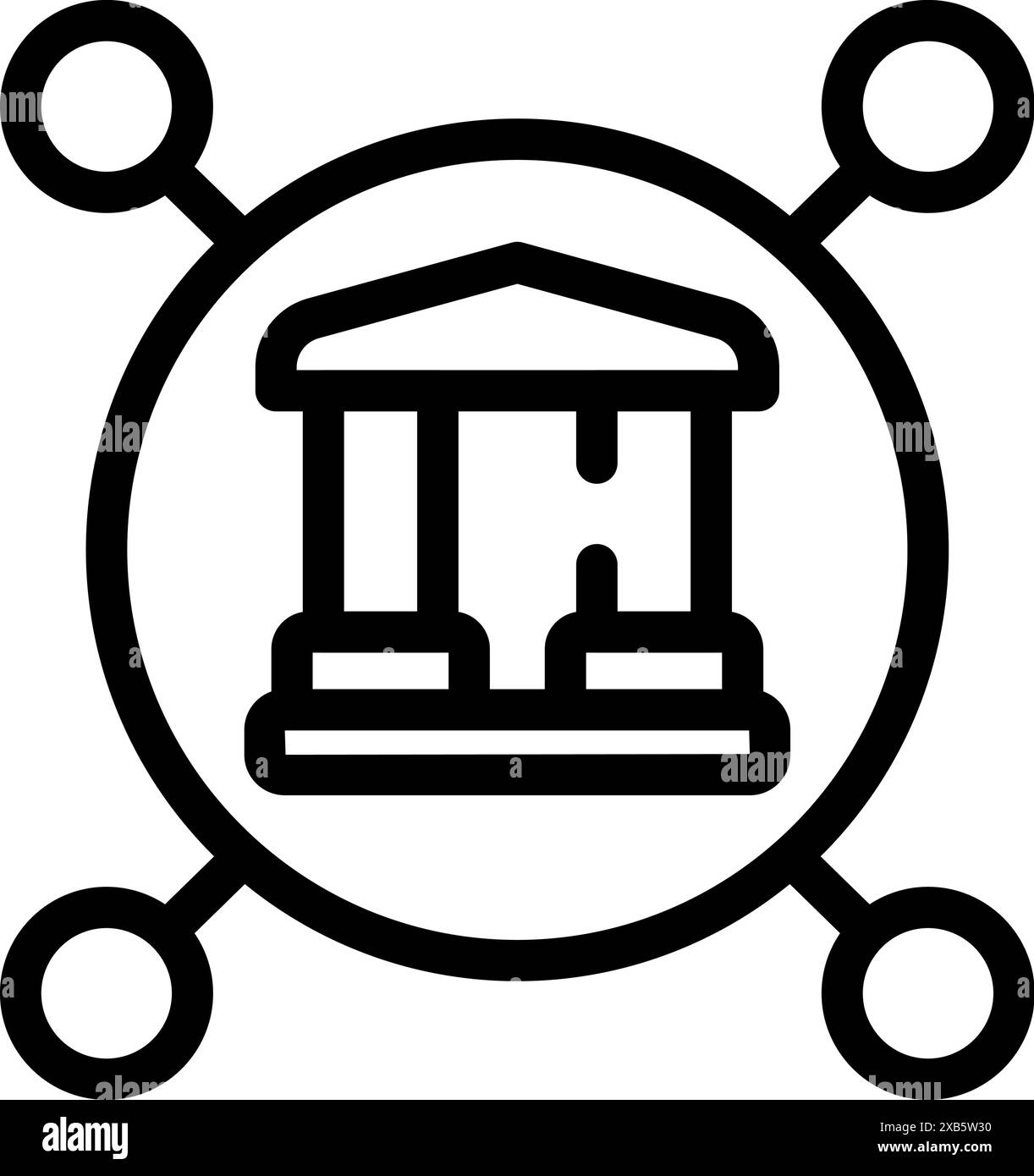 Line art icon of a bank building at the center of a network ...