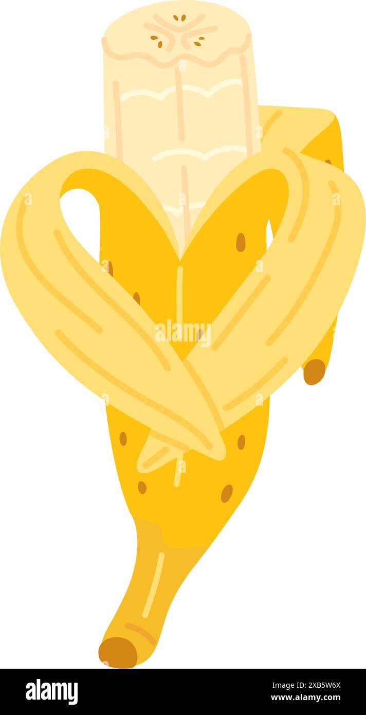Fresh peeled and bitten banana. Hand drawn flat style banana peel heart isolated on transparent ...