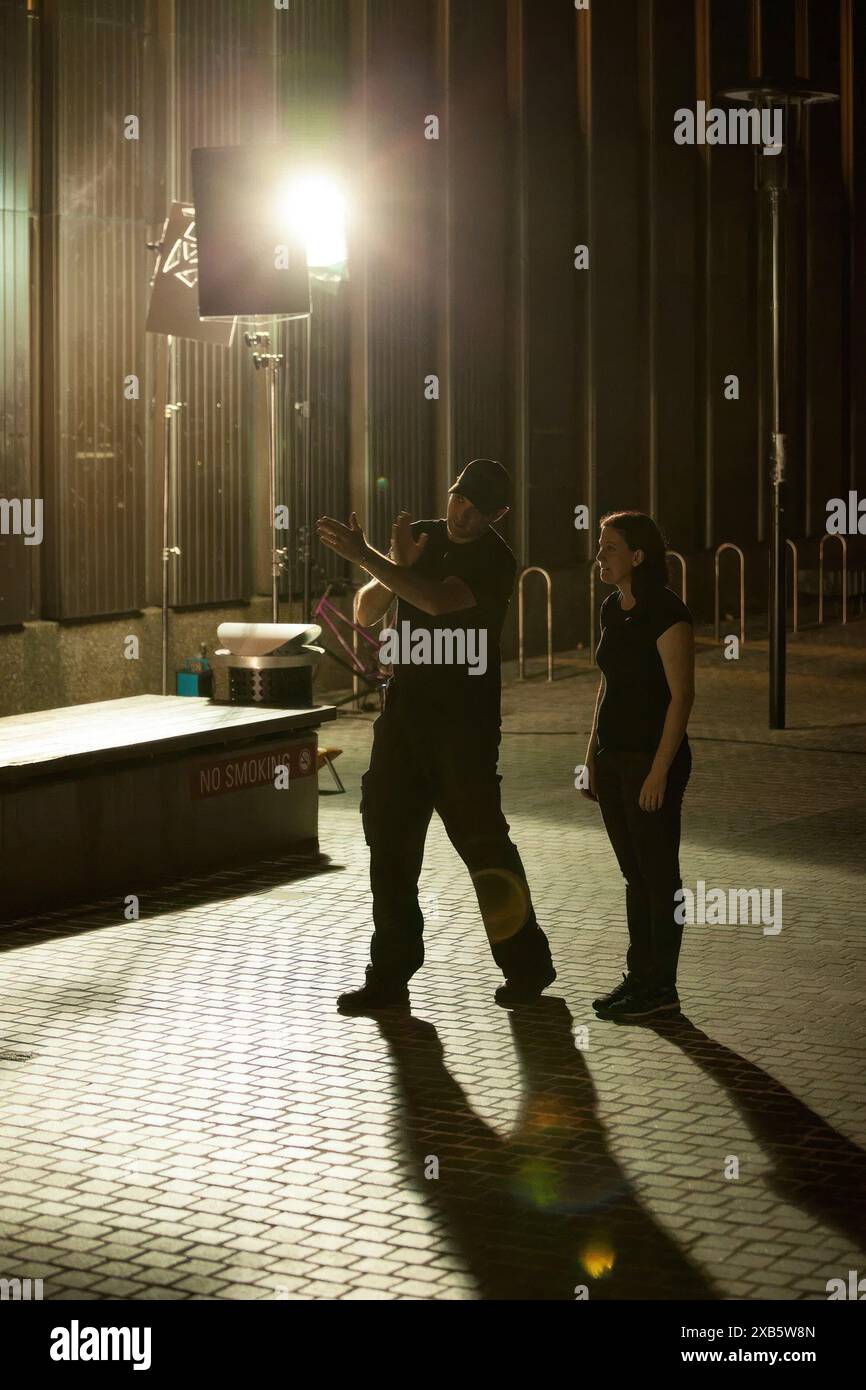 LATENCY, director James Croke (left), on set, 2024. © Lionsgate Films ...