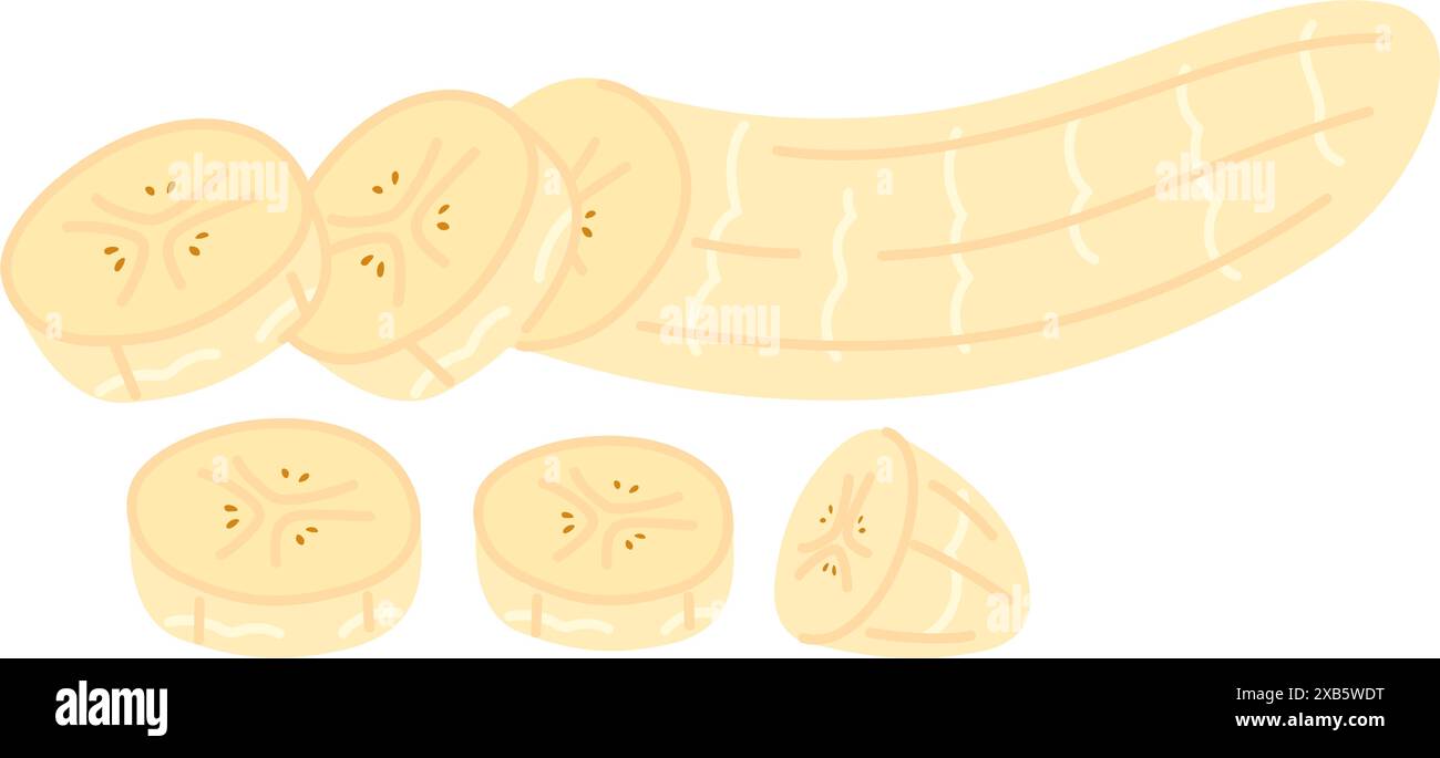 Fresh peeled and cut into pieces banana. Hand drawn flat style banana ...