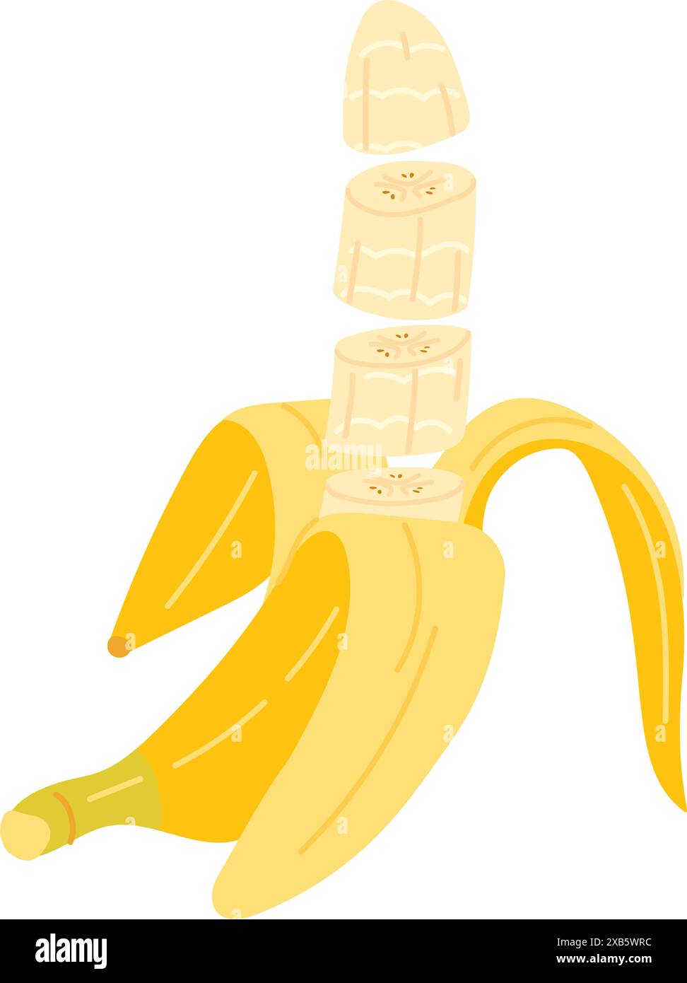 Fresh peeled and cut into pieces banana flying in the air. Hand drawn ...