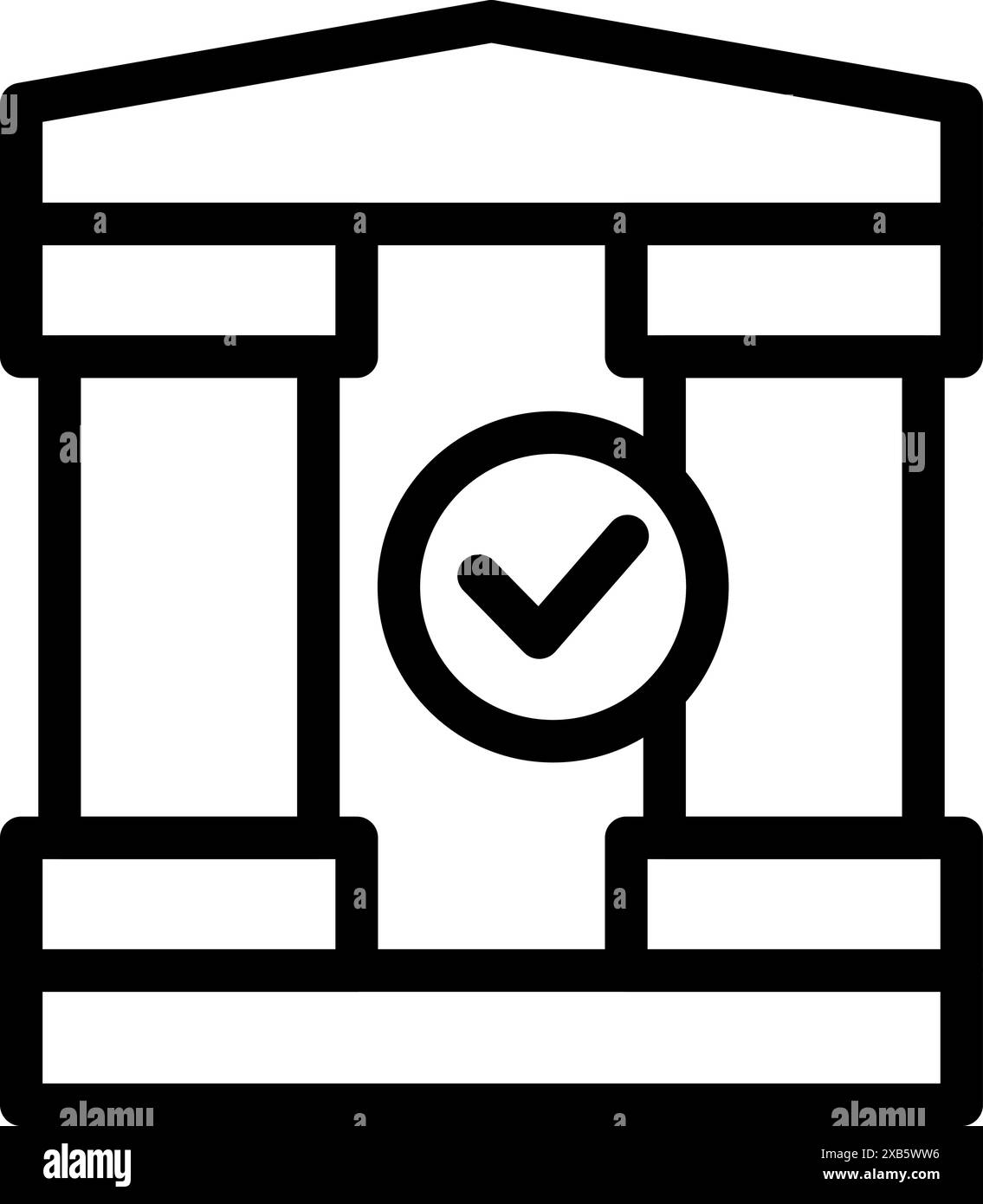 Simple line icon of a bank building with a check mark, representing a ...