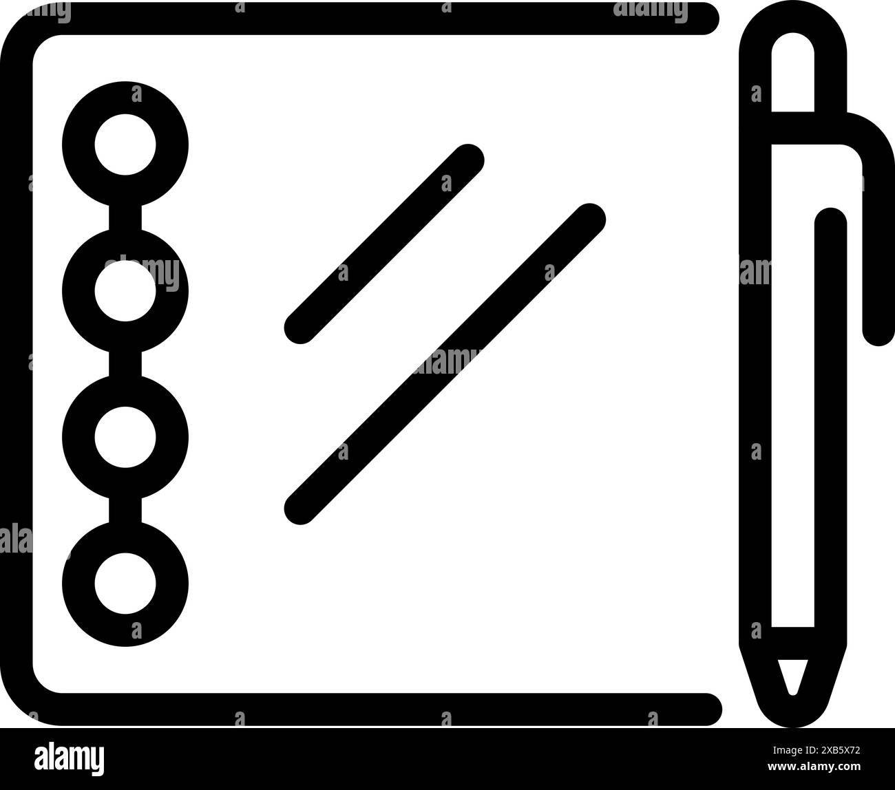 Simple black and white line drawing of a notebook with a pen for taking ...