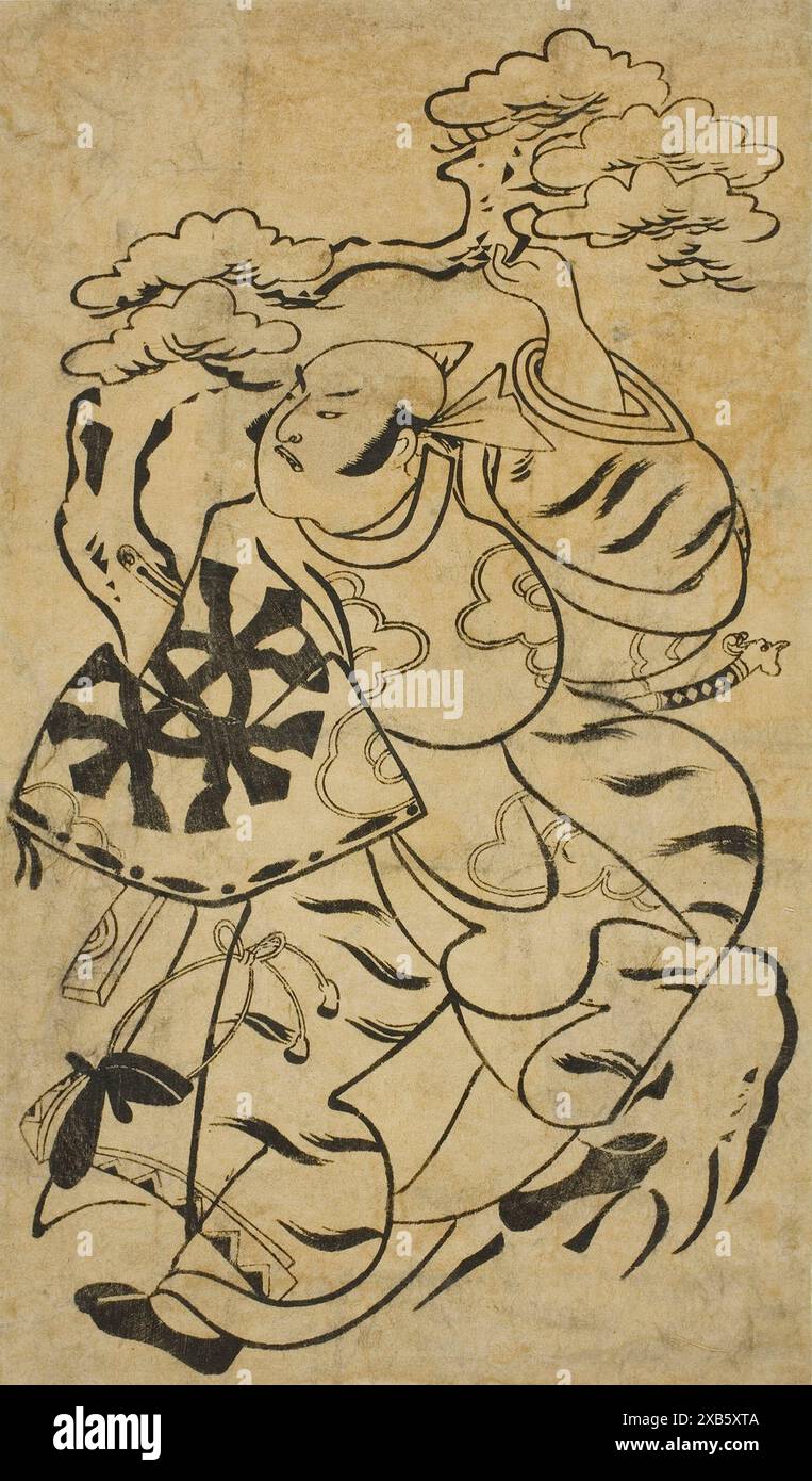 Woodblock print of actor Nakamura Denkuro I in a tiger-skin robe ...
