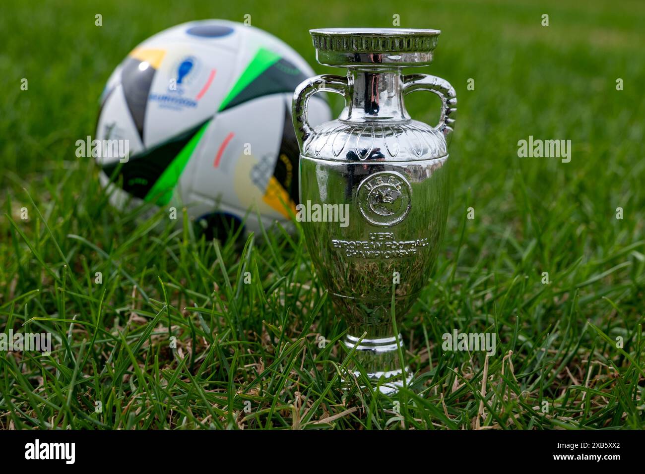April 17, 2024, Berlin, Germany. The trophy and the official ball of ...