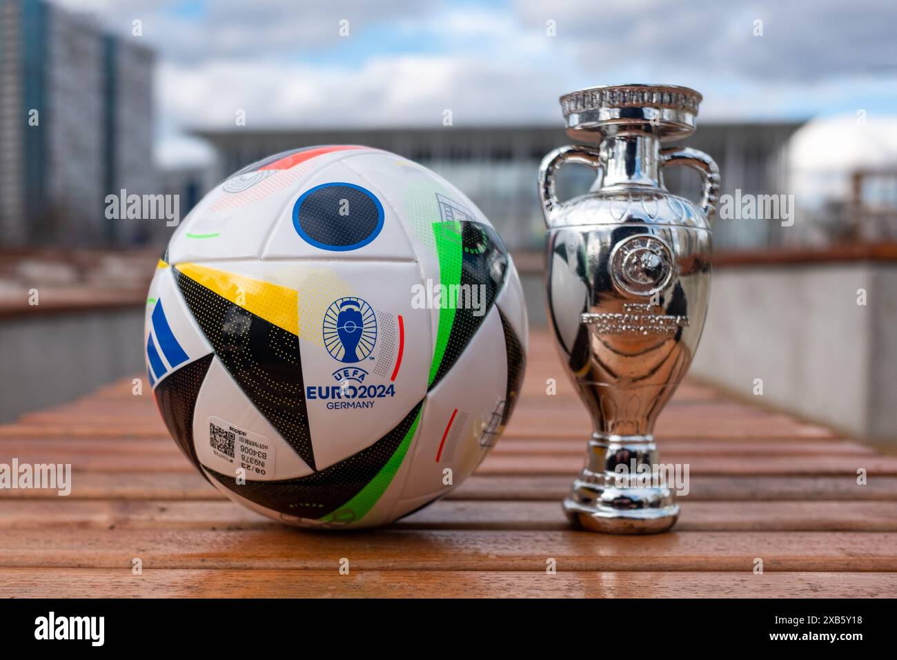 April 16, 2024, Berlin, Germany. The trophy and the official ball of ...