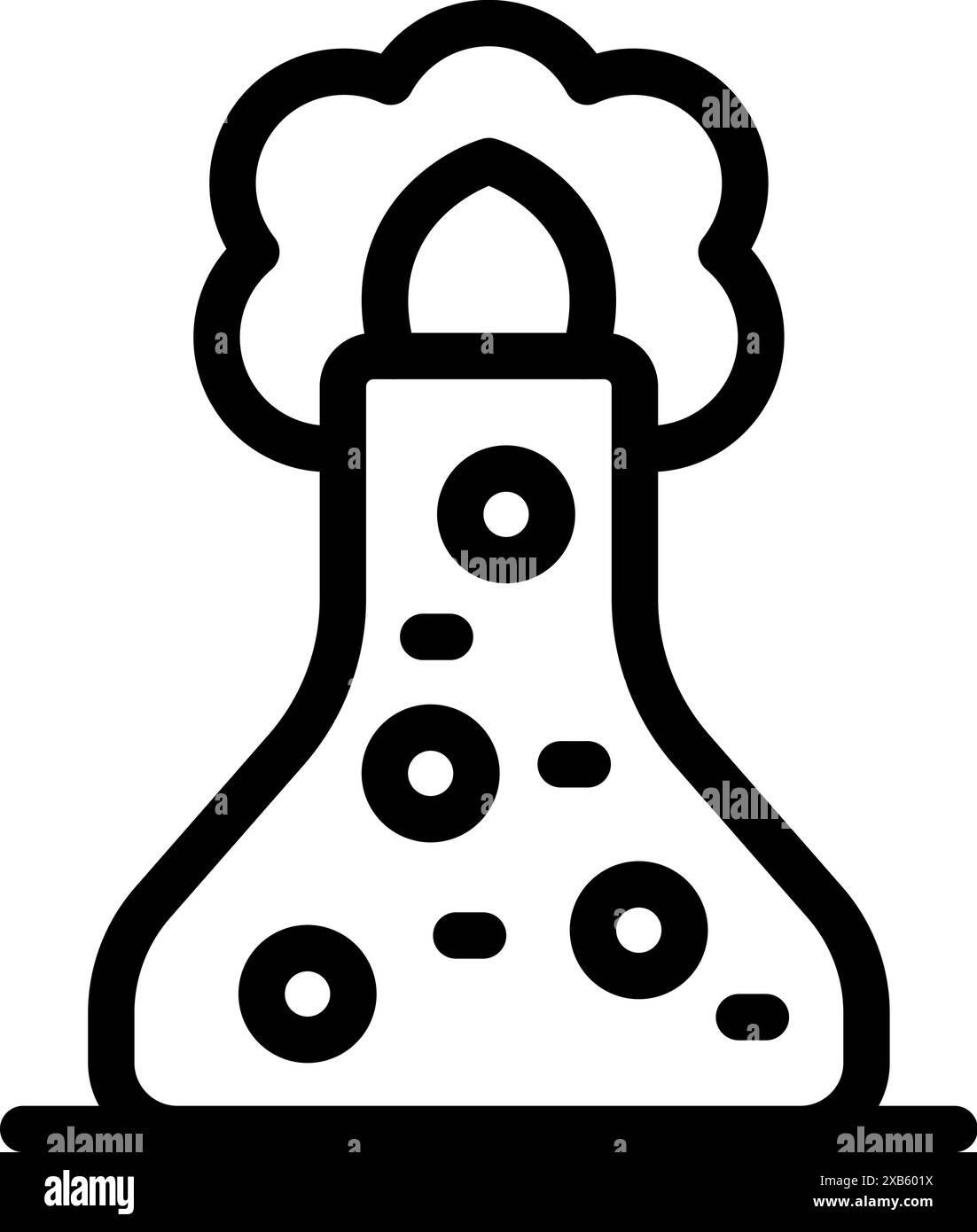 Line drawing of a chemical reaction happening in a flask with bubbles ...