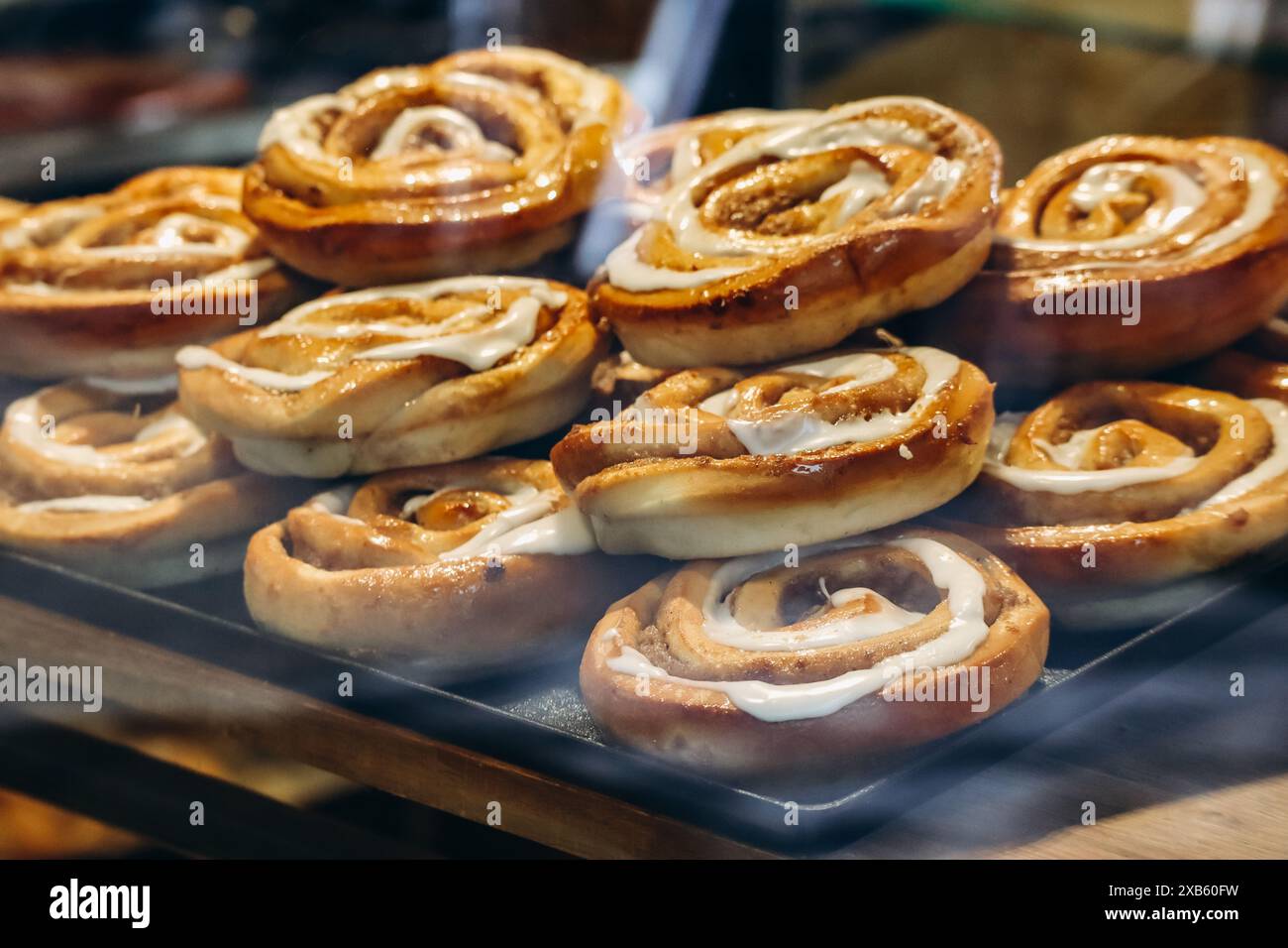 Traditional Danish pastries in a bakery window in Copenhagen Stock ...