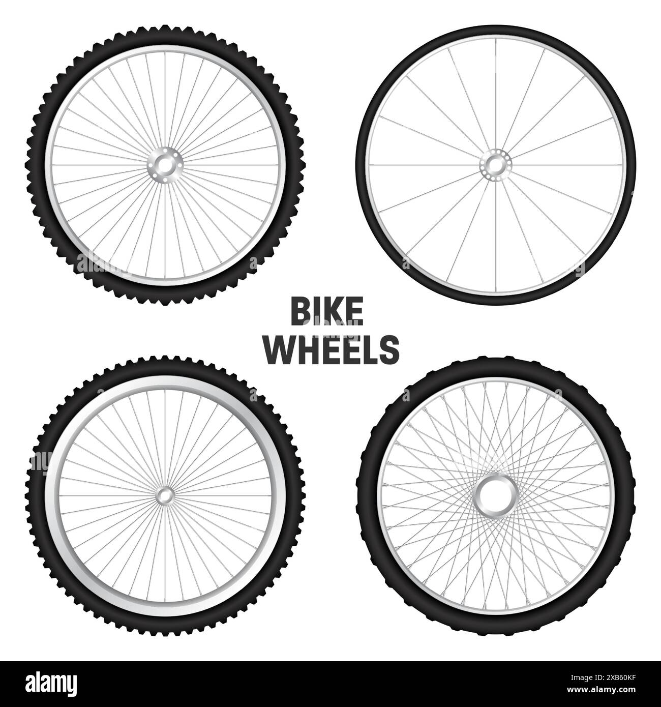 Realistic 3d bicycle wheels. Bike rubber tyres, shiny metal spokes and ...
