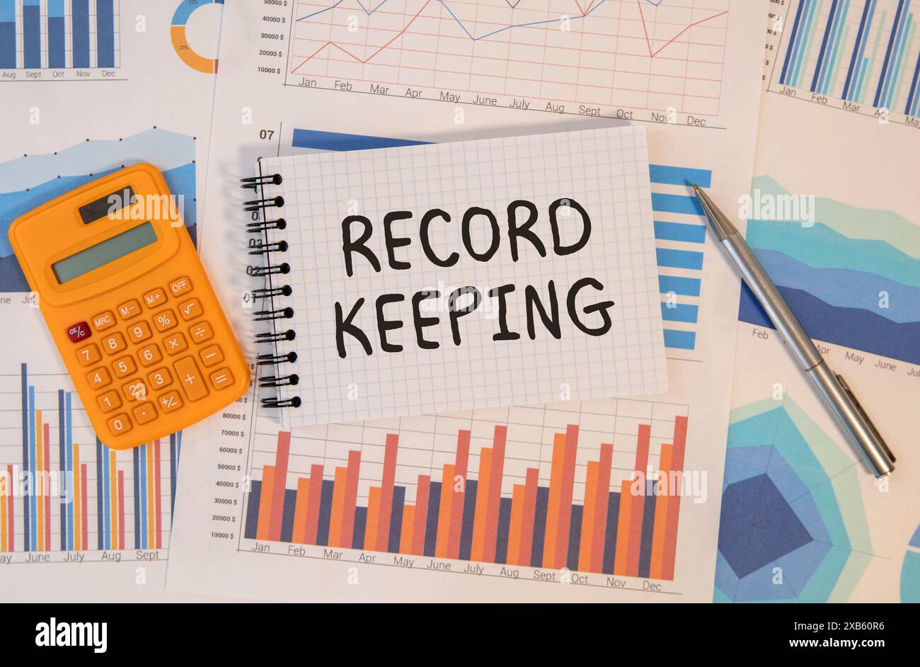 text record keeping on white paper card, lens on blue background Stock ...