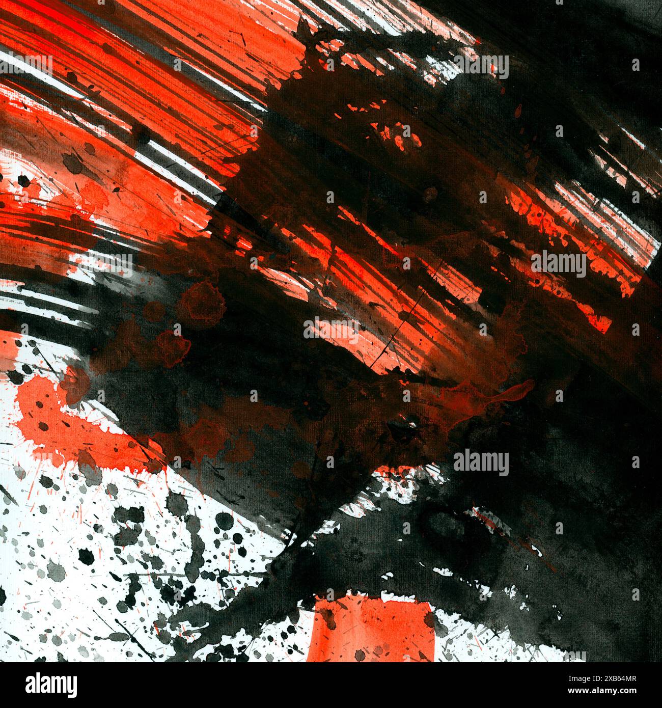 Abstract painting with red and black brush strokes, splatter, creating ...