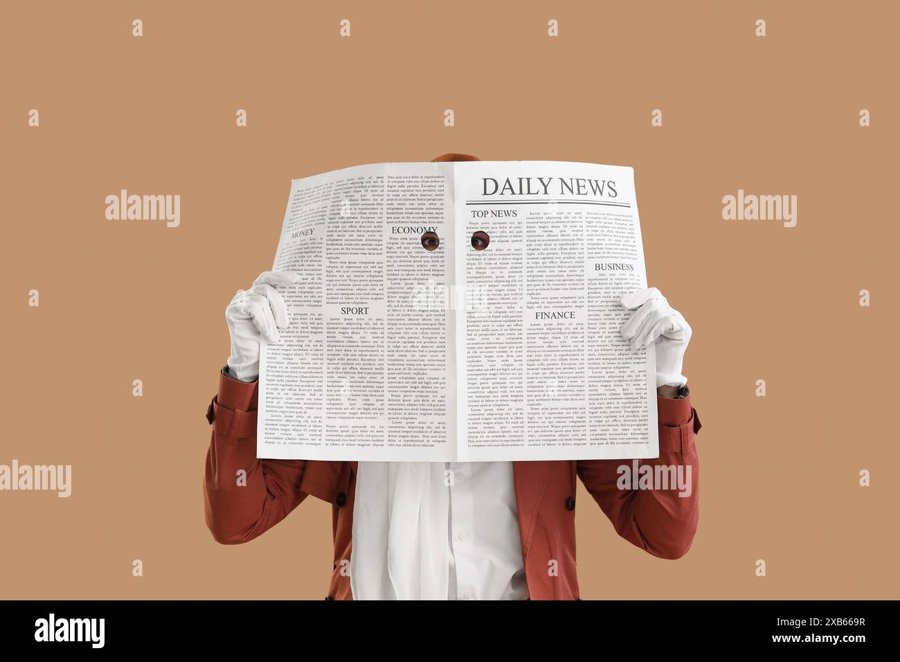 Female spy looking through newspaper on beige background Stock Photo ...