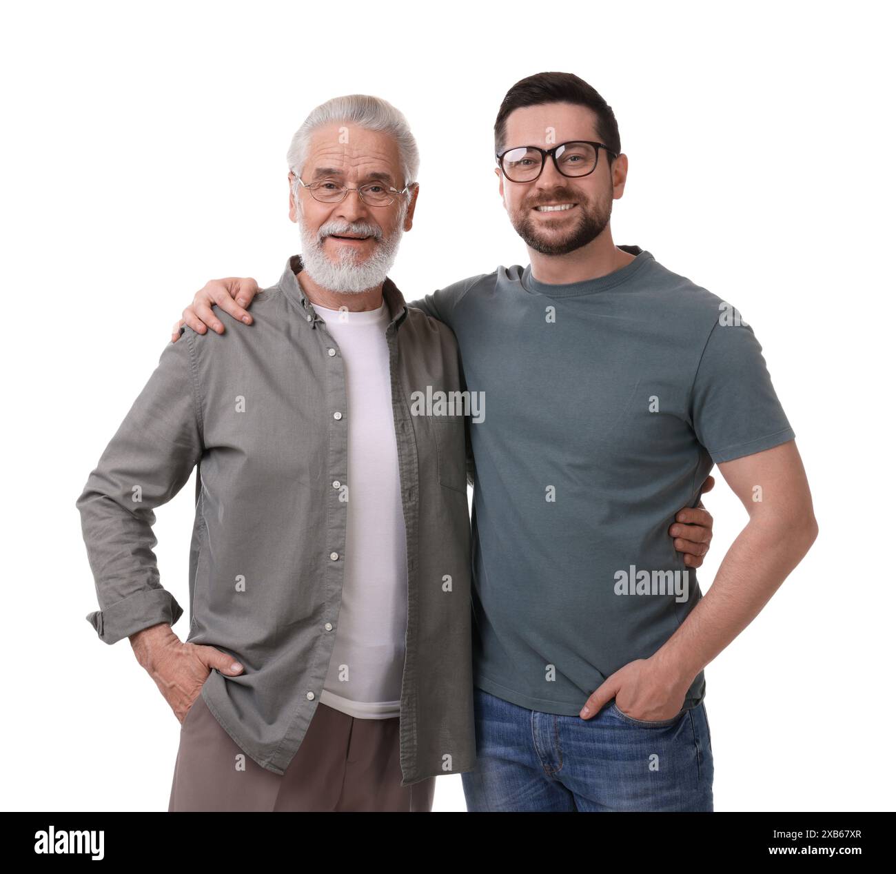 Happy son and his dad on white background Stock Photo - Alamy