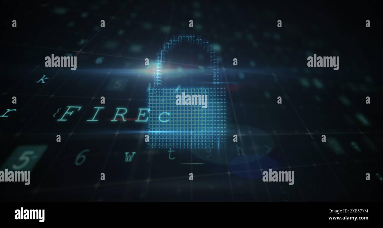 Digital padlock icon glowing on dark background with scattered letters ...