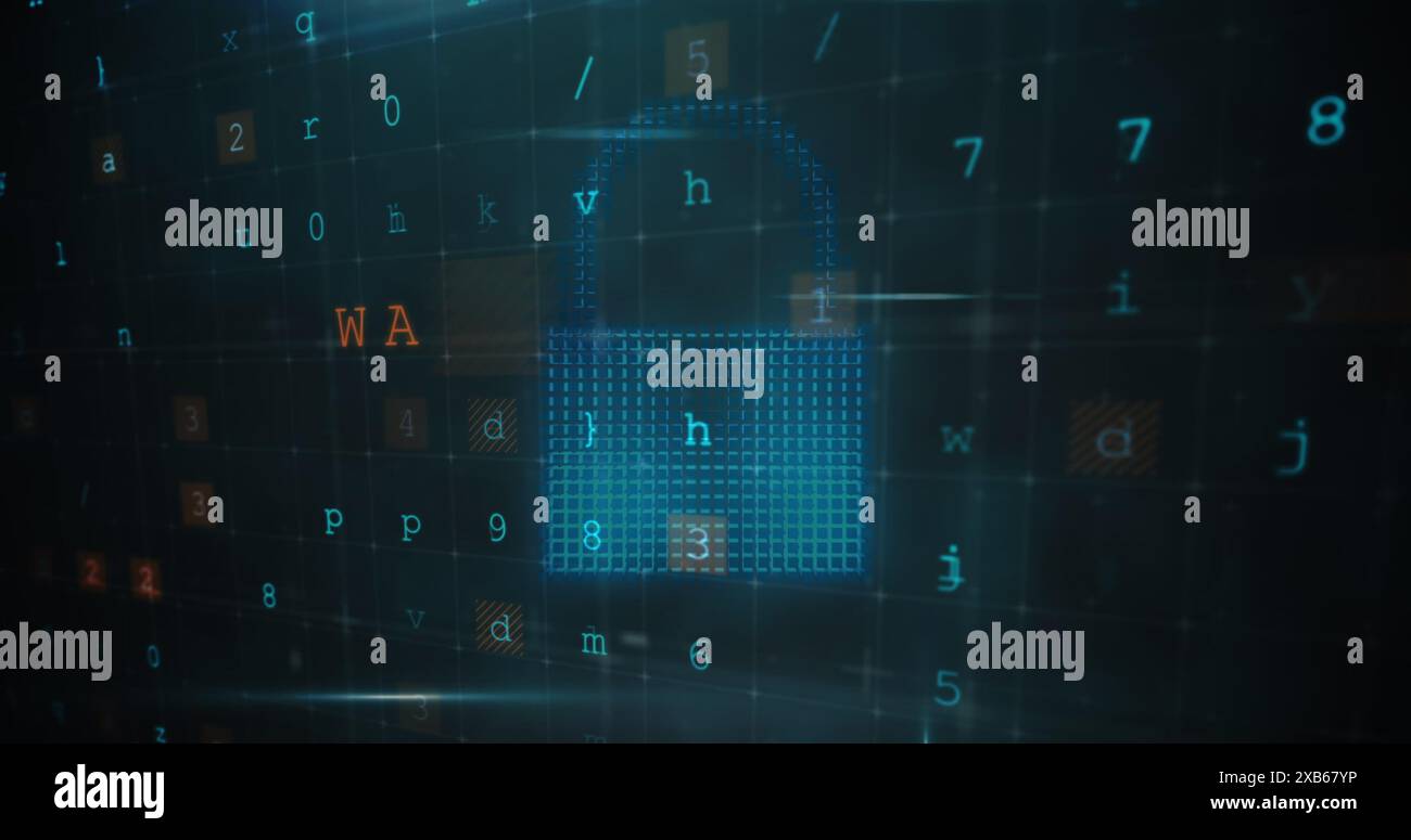 A digital lock icon is surrounded by floating letters and numbers ...