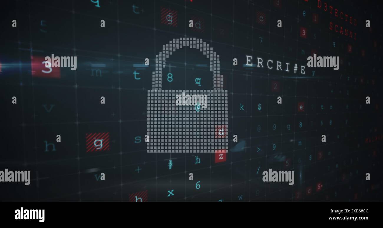 A digital lock icon is displayed on screen filled with various letters and numbers Stock Photo ...