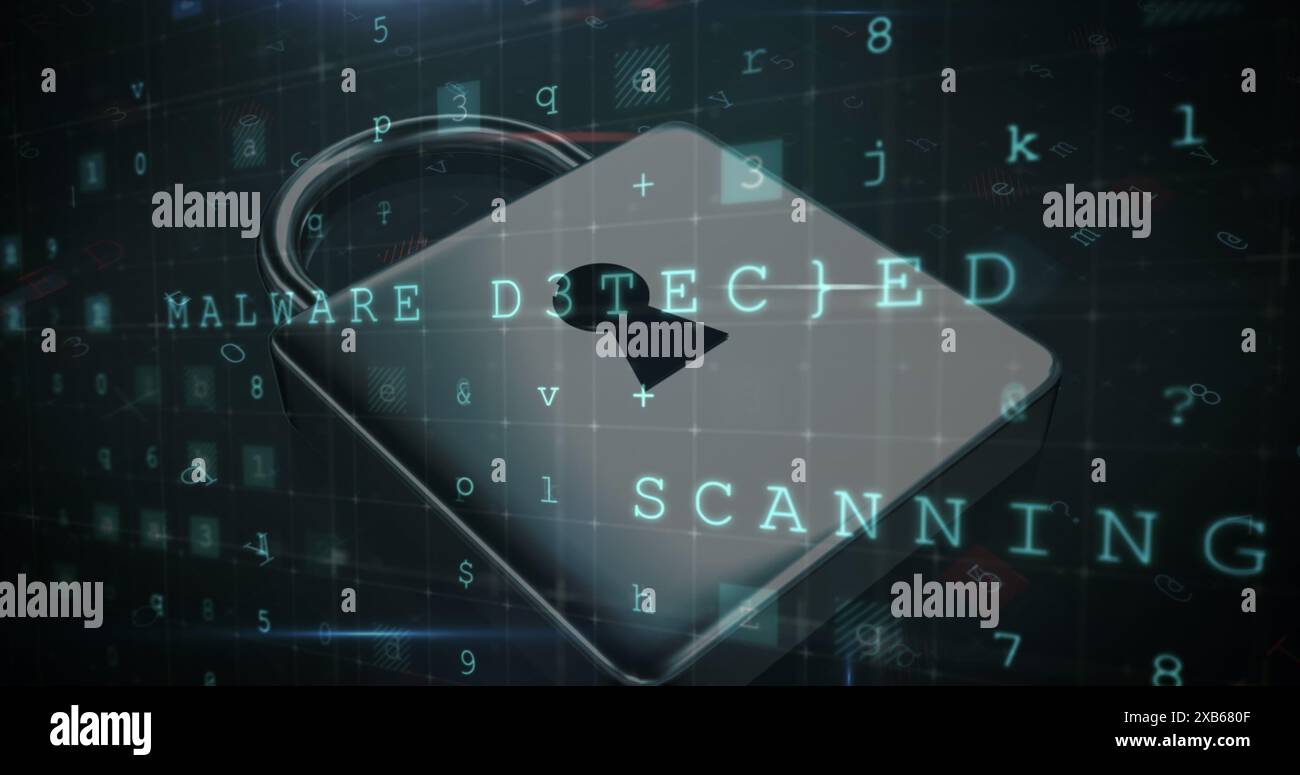 A digital lock icon surrounded by floating text reading MALWARE DETECTED and SCANNING. Dark ...