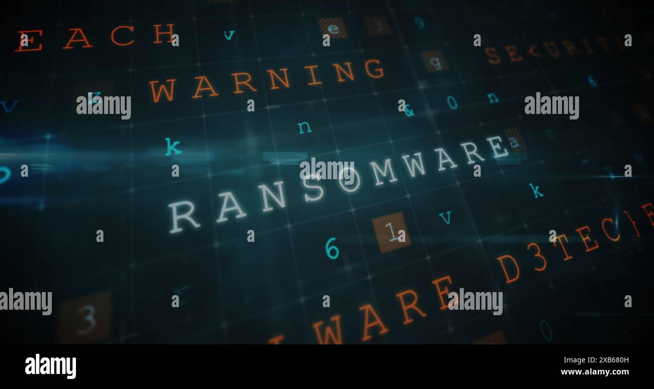 Digital screen displays word RANSOMWARE among various cybersecurity ...
