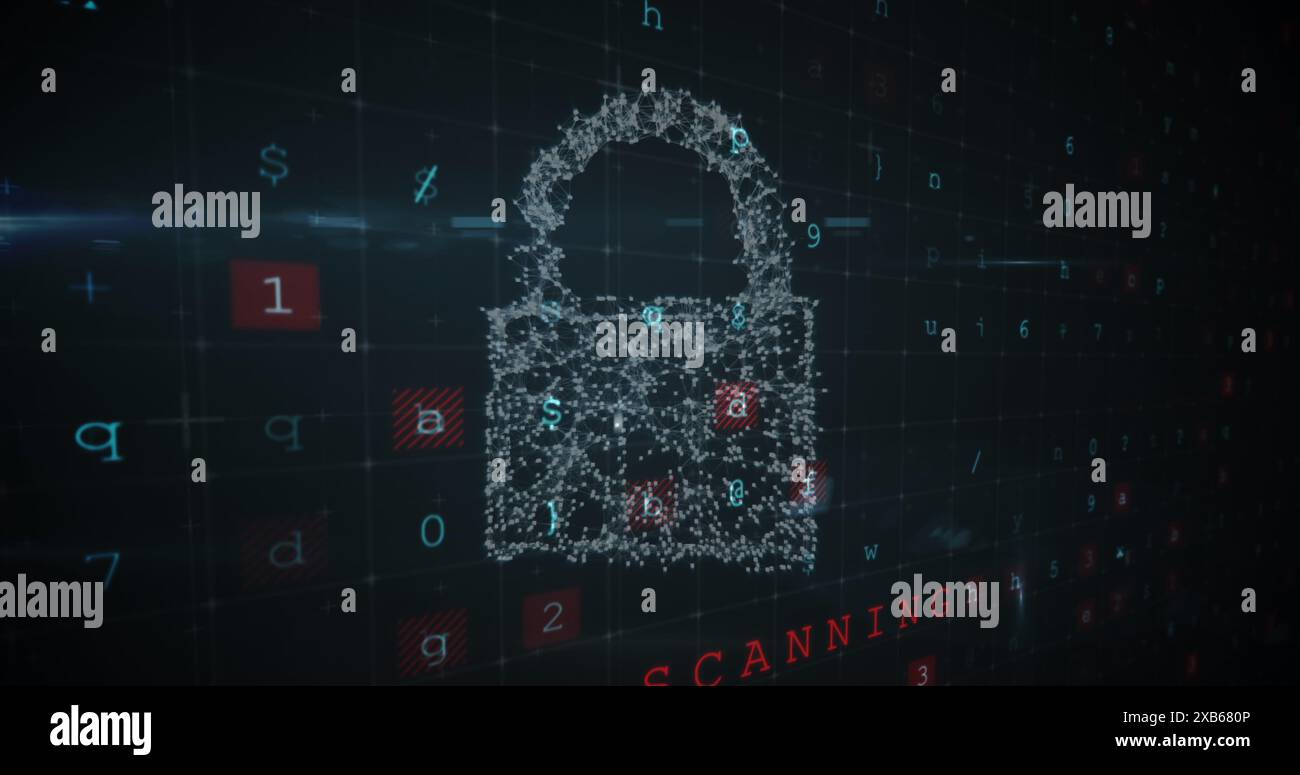 Digital lock icon made of particles floating on dark background with scattered numbers Stock ...