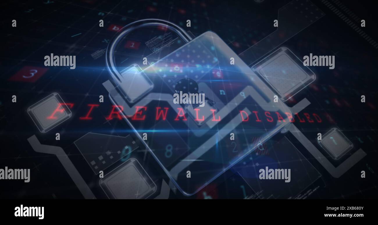A digital lock icon with text FIREWALL DISABLED is prominently ...