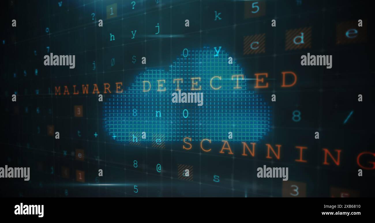 Digital screen displays MALWARE DETECTED with cloud icon and scanning ...