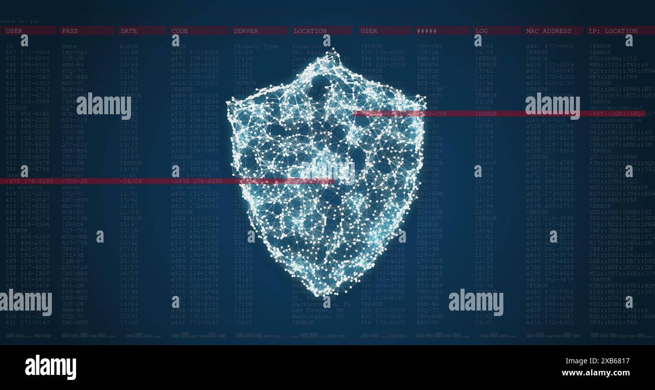 Digital shield made of interconnected nodes glowing against dark background. Red lines intersect ...