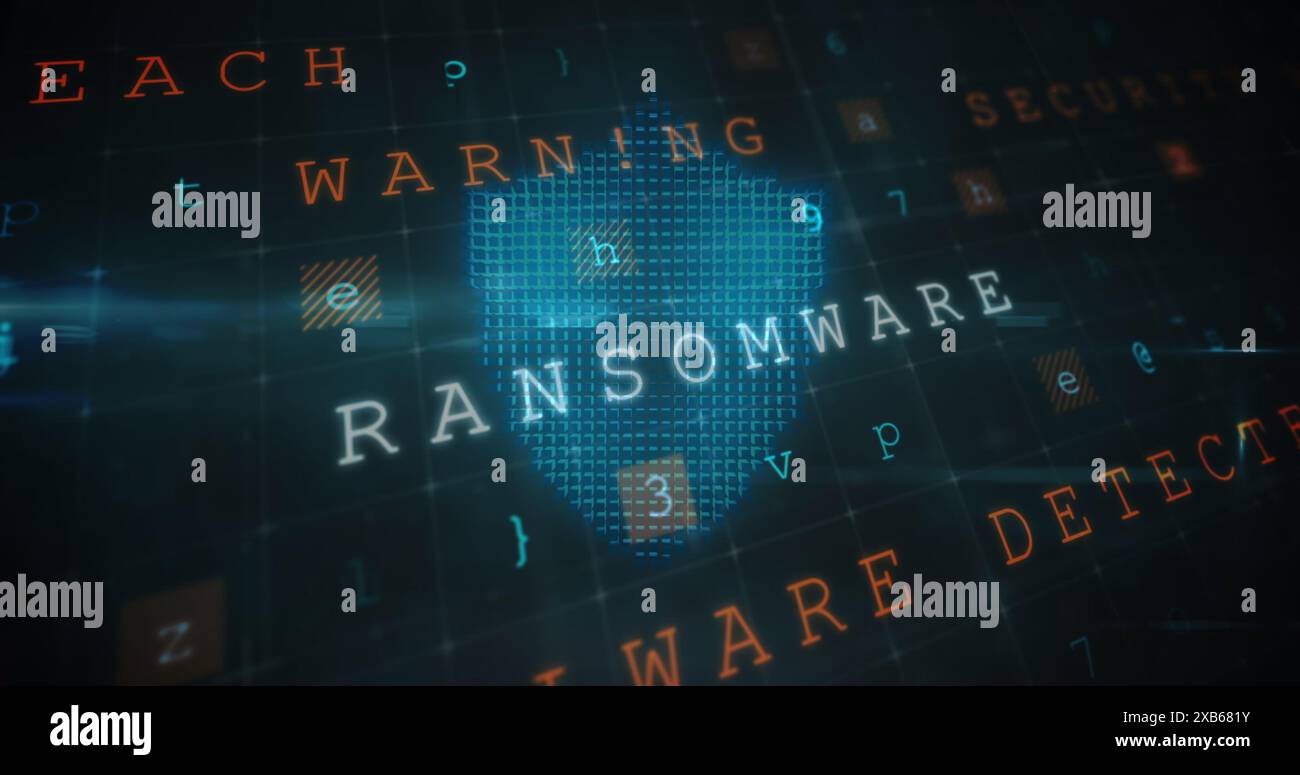 Digital screen displays RANSOMWARE with various cybersecurity terms ...