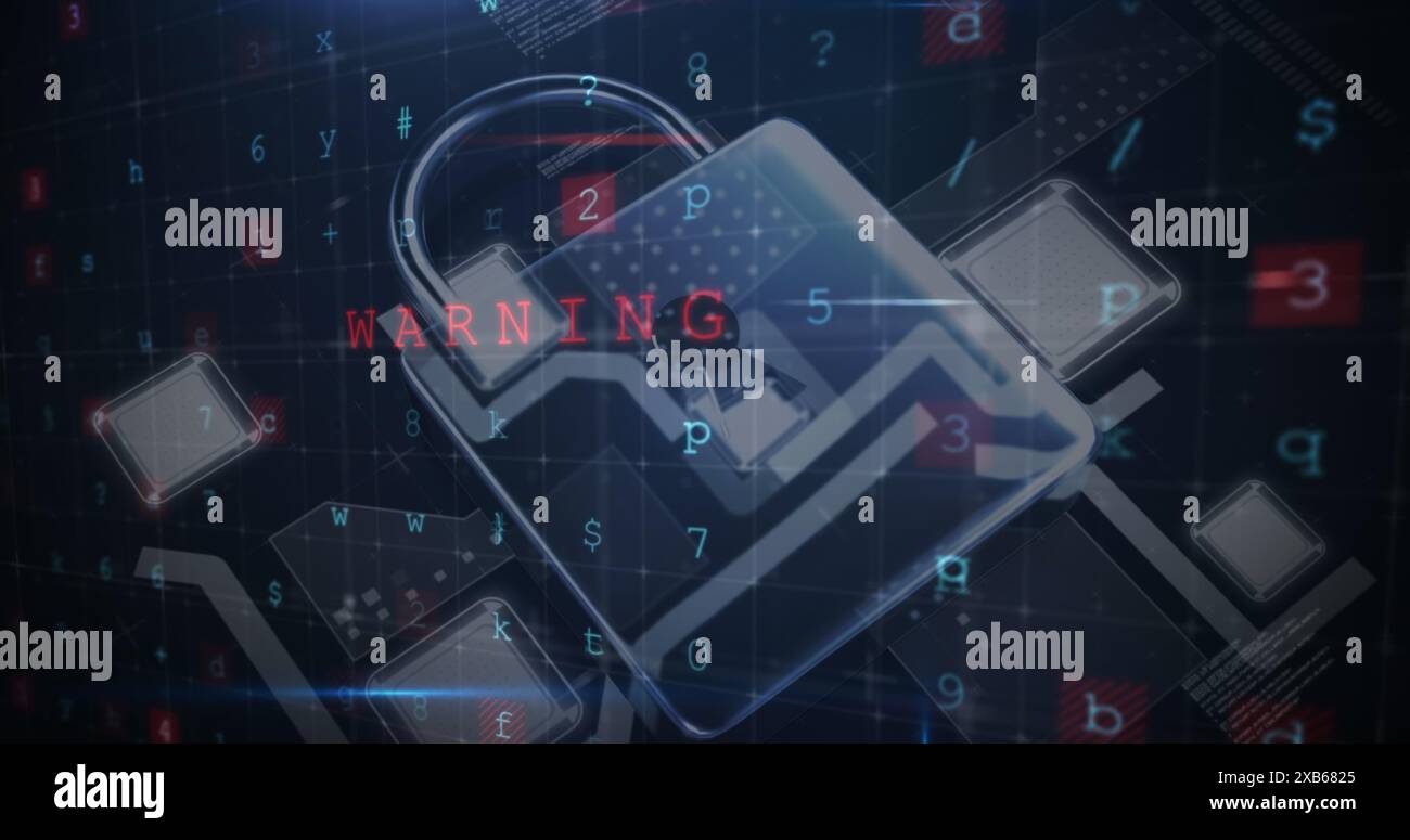 Digital lock icon with WARNING text overlaying black background of ...