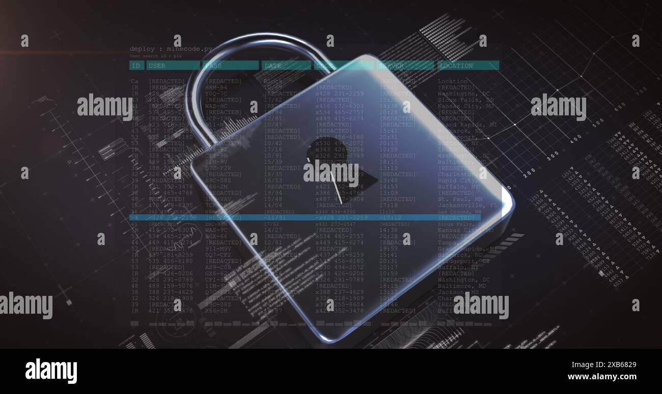 A transparent padlock with keyhole displayed over a digital background ...