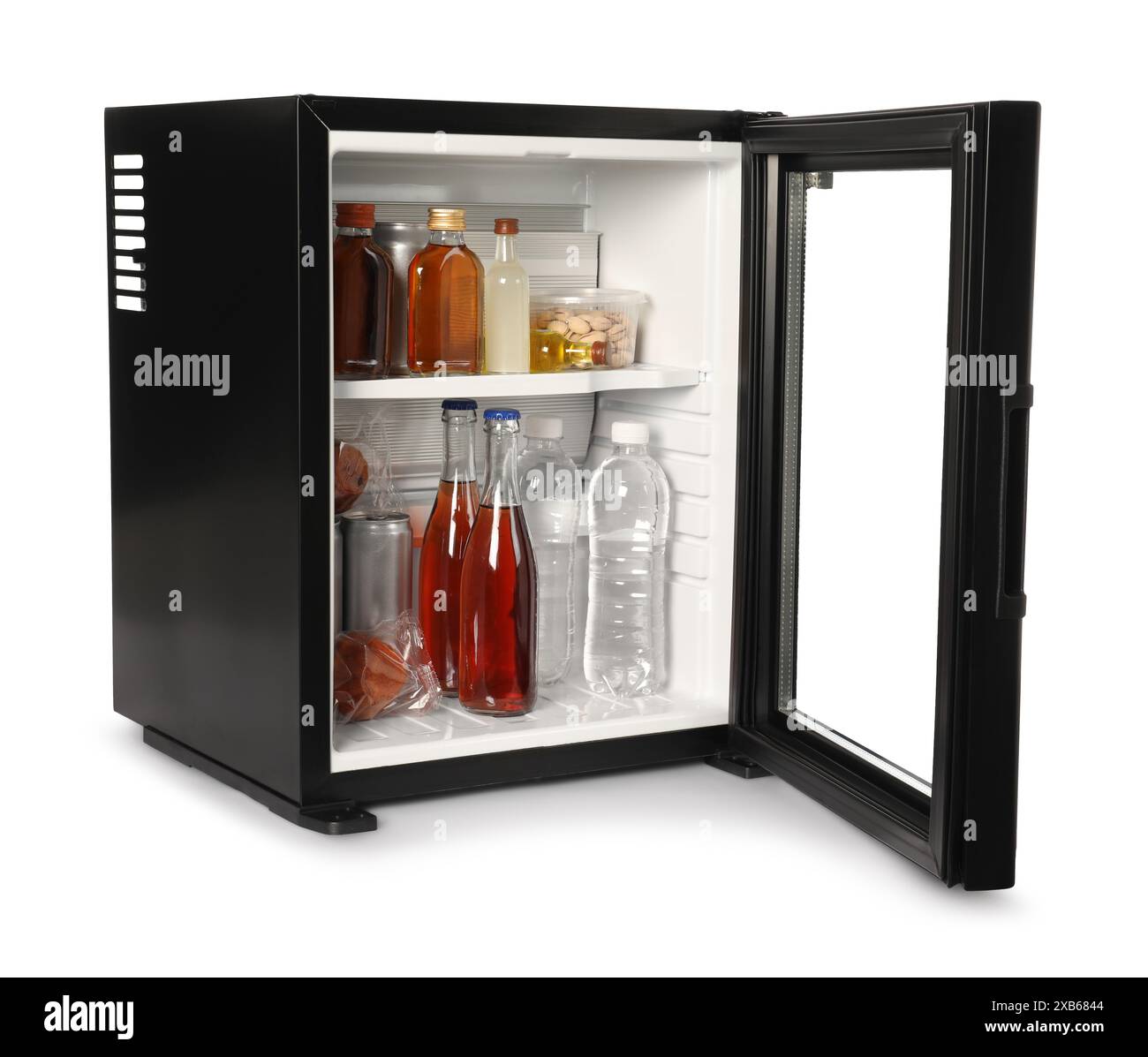 Mini refrigerator with drinks and snacks isolated on white Stock Photo ...