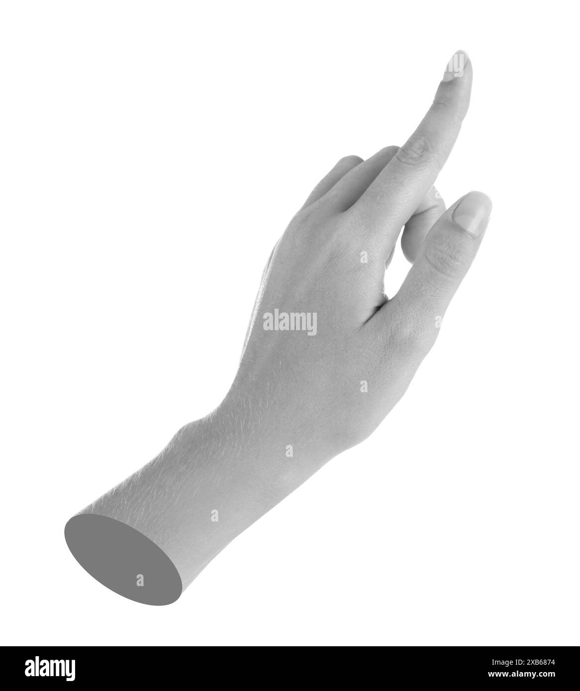 Woman's hand pointing at something on white background. Black and white ...