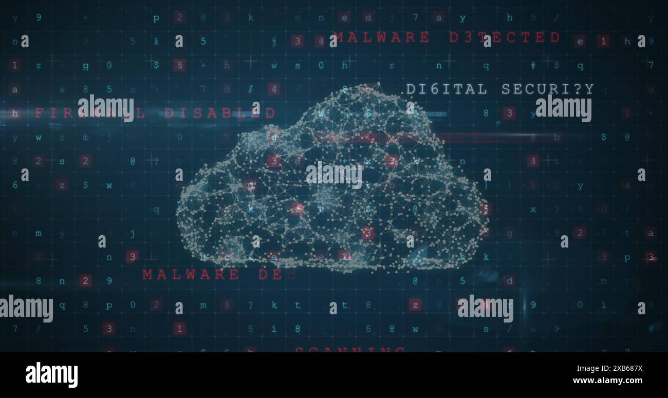 A digital cloud with interconnected nodes and lines represents network ...