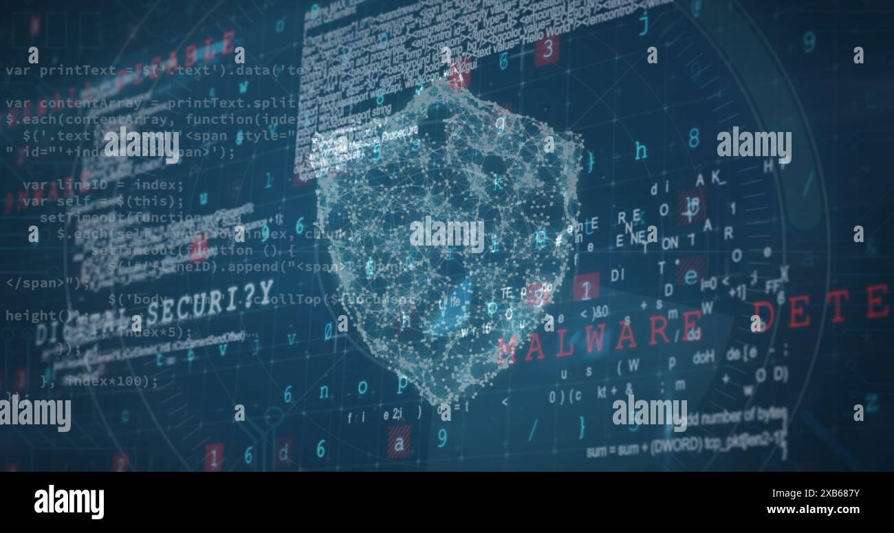 Digital shield with MALWARE DETECTED text and code fragments ...