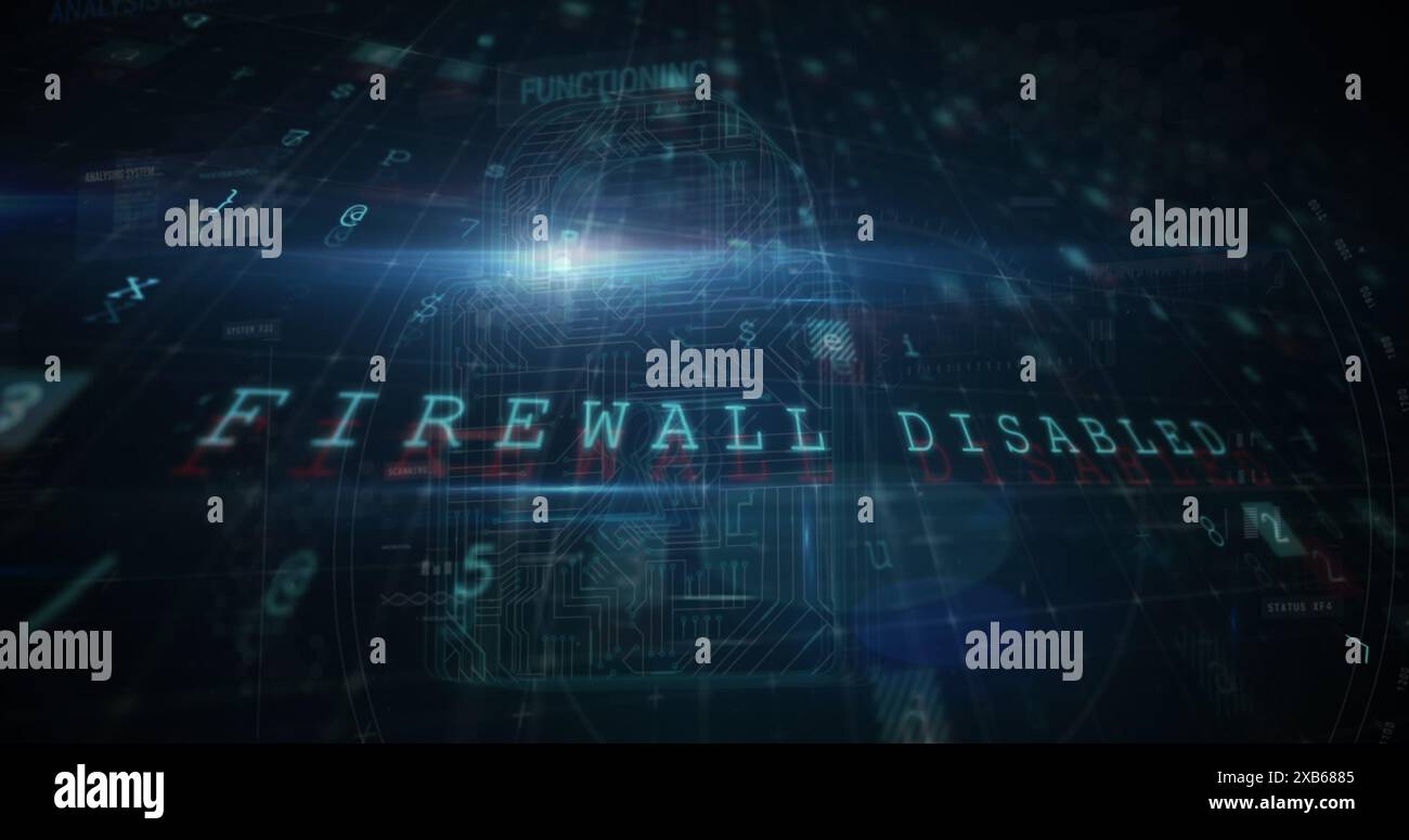 Digital interface with FIREWALL DISABLED text displayed prominently ...