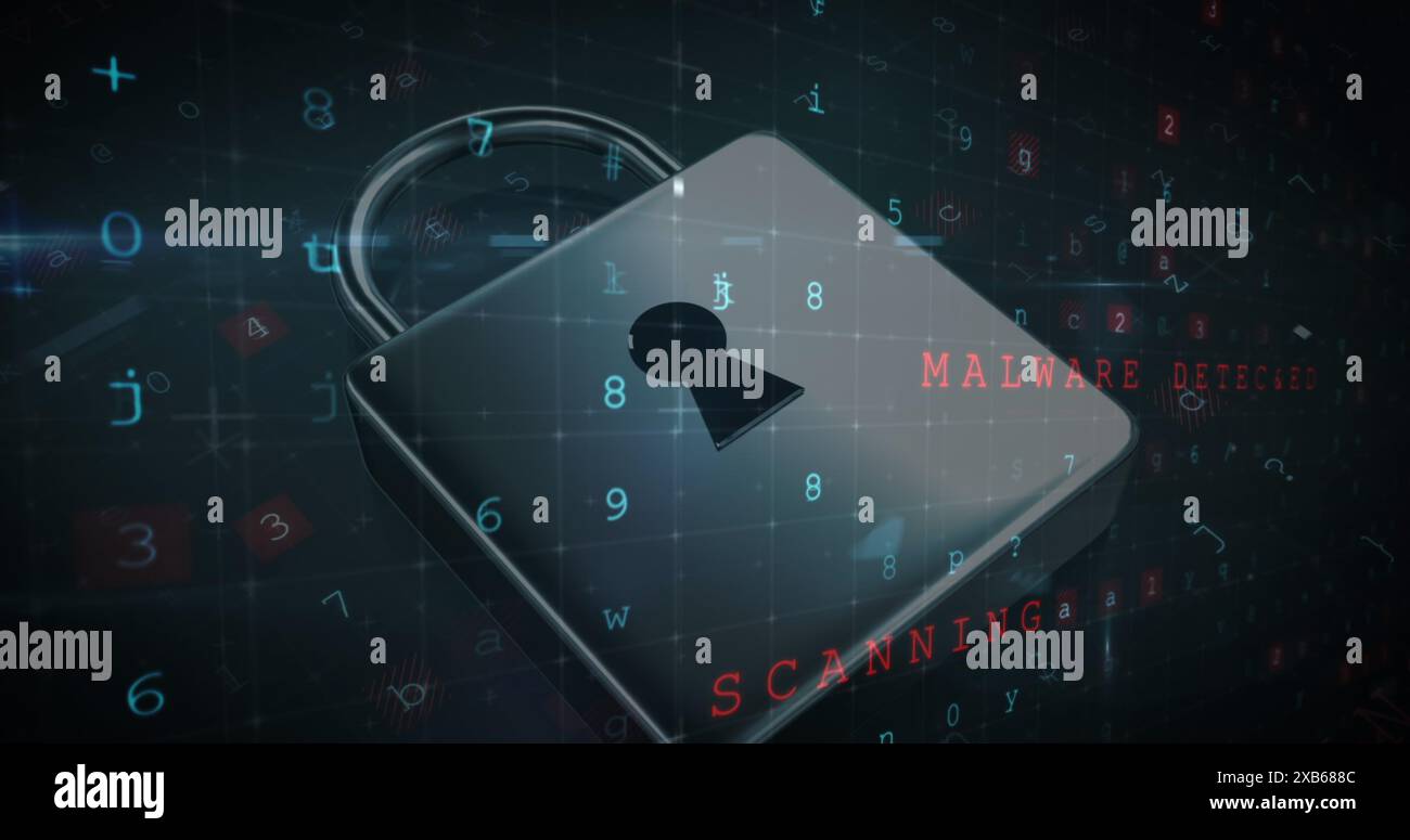 A digital padlock with keyhole surrounded by floating numbers and ...