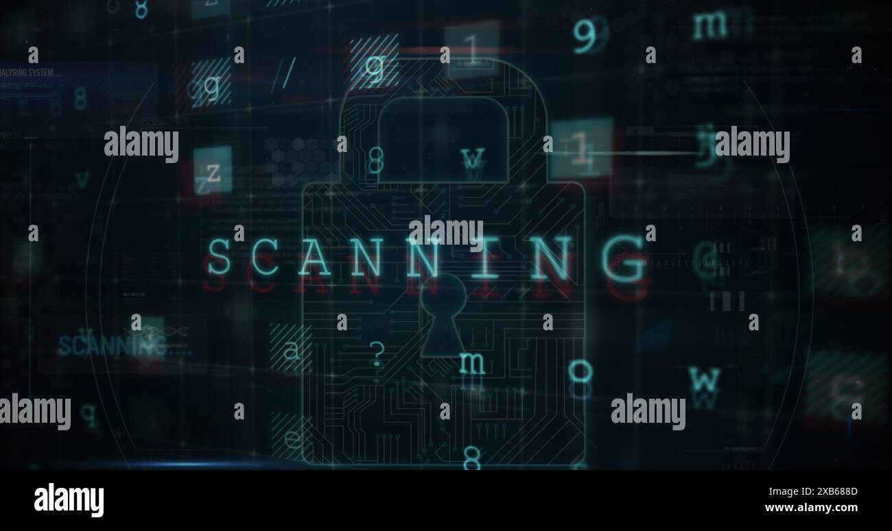 Digital lock icon with word SCANNING in front of dark, matrix-like background Stock Photo - Alamy