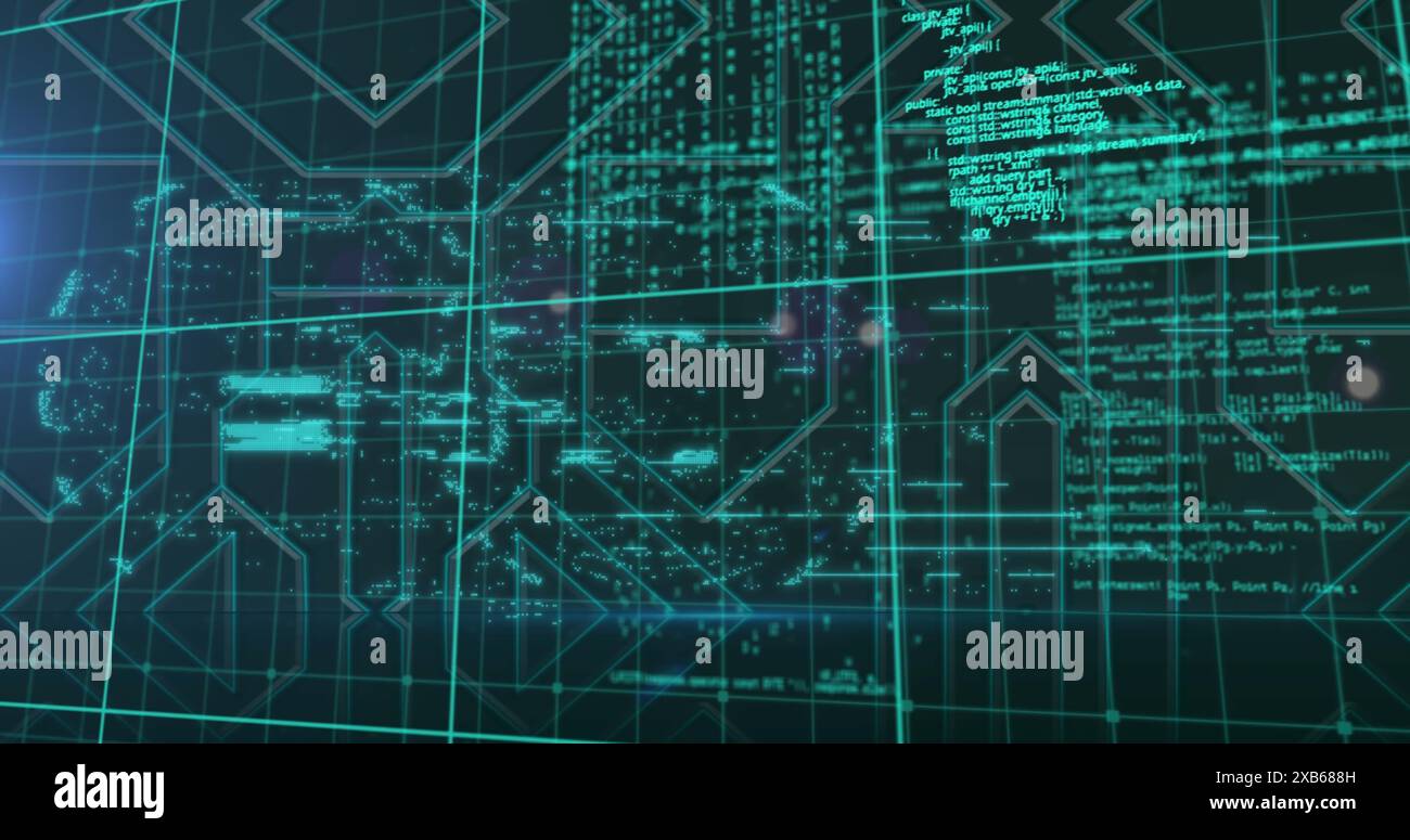 Digital code and geometric patterns are displayed on futuristic screen ...