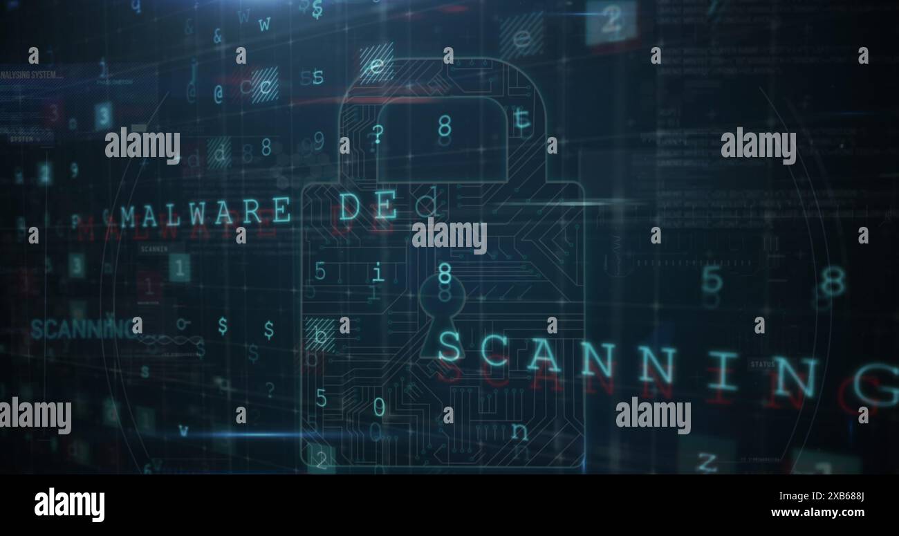 Digital lock icon with words Malware Detection and Scanning overlaying dark background Stock ...