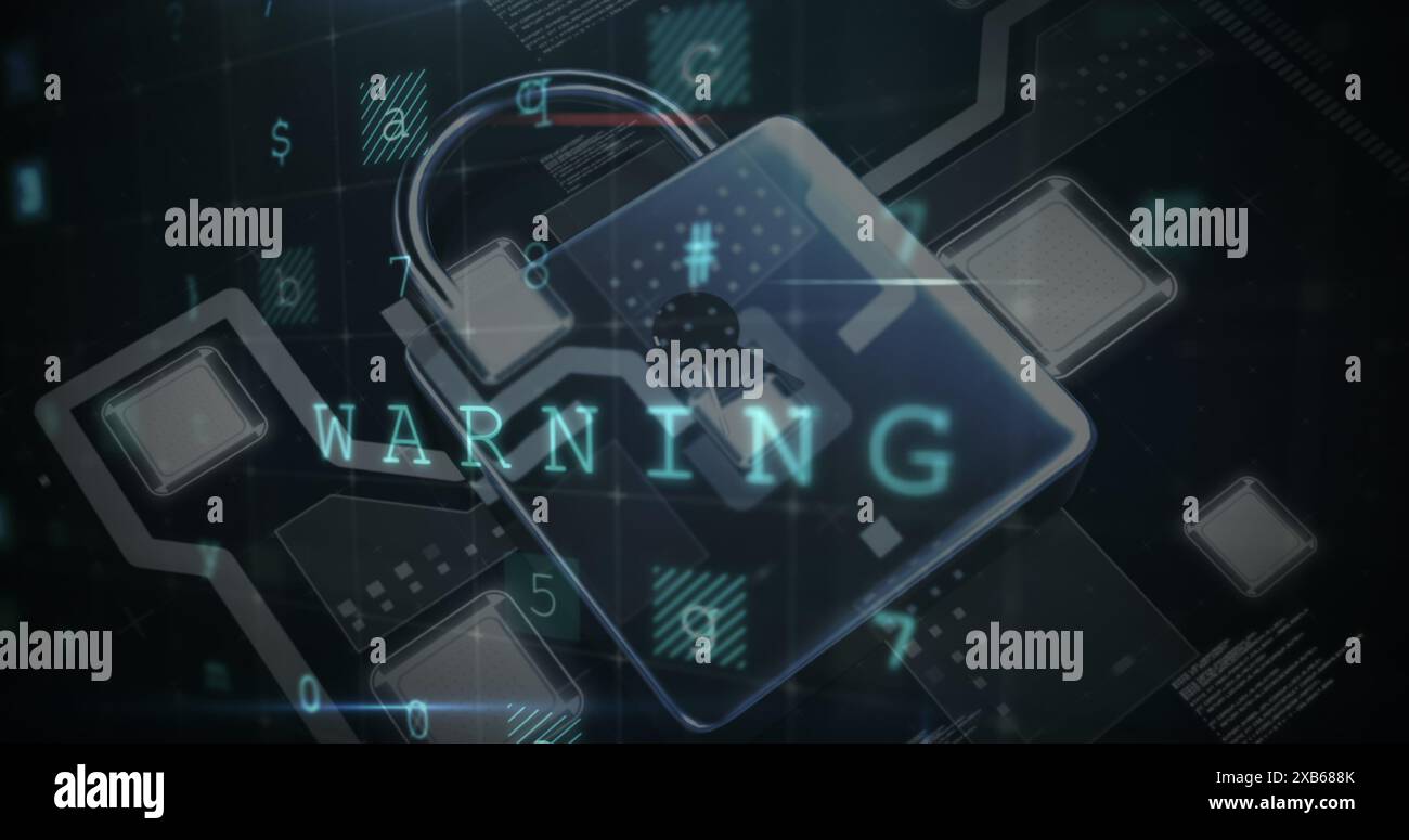 A digital lock icon with word WARNING displayed prominently on dark ...
