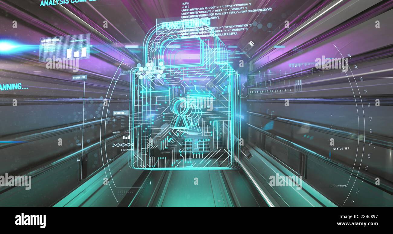 Digital lock with holographic interface floating in futuristic corridor Stock Photo - Alamy