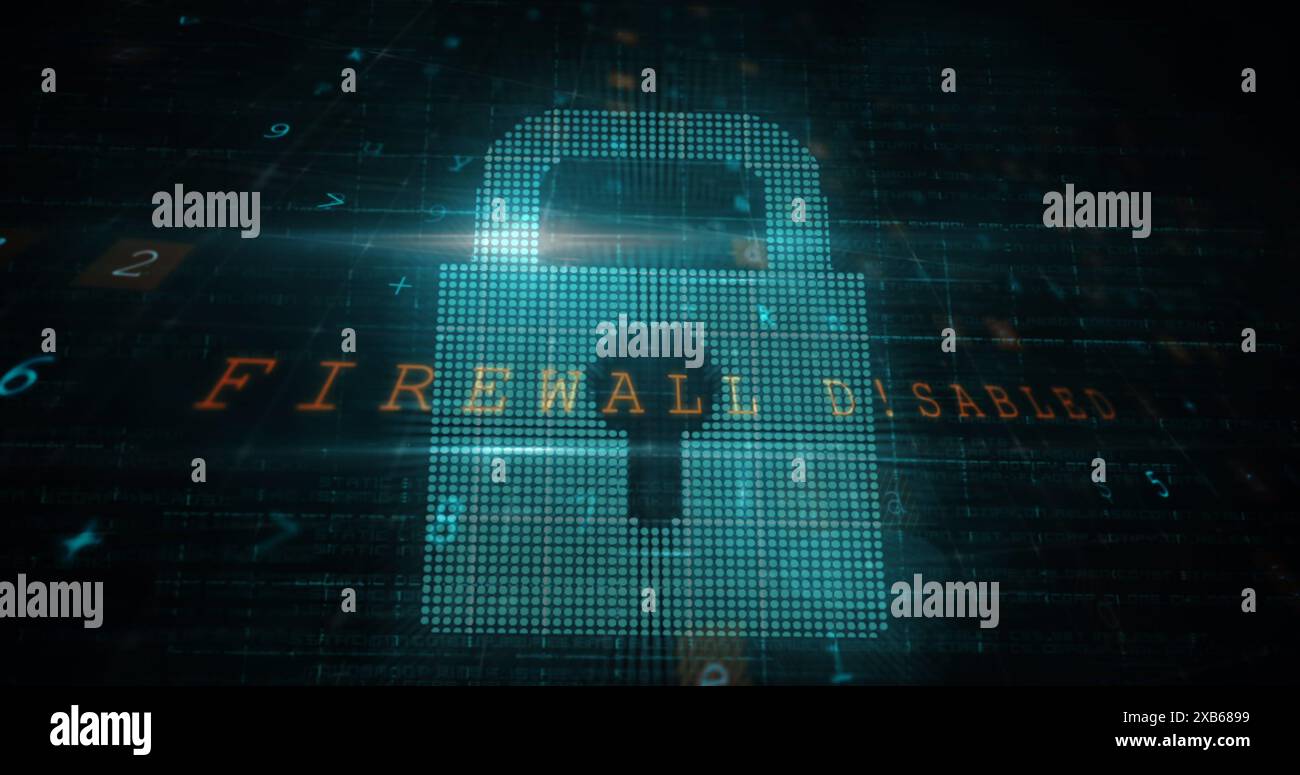 Digital lock icon with FIREWALL DISABLED text on screen Stock Photo - Alamy