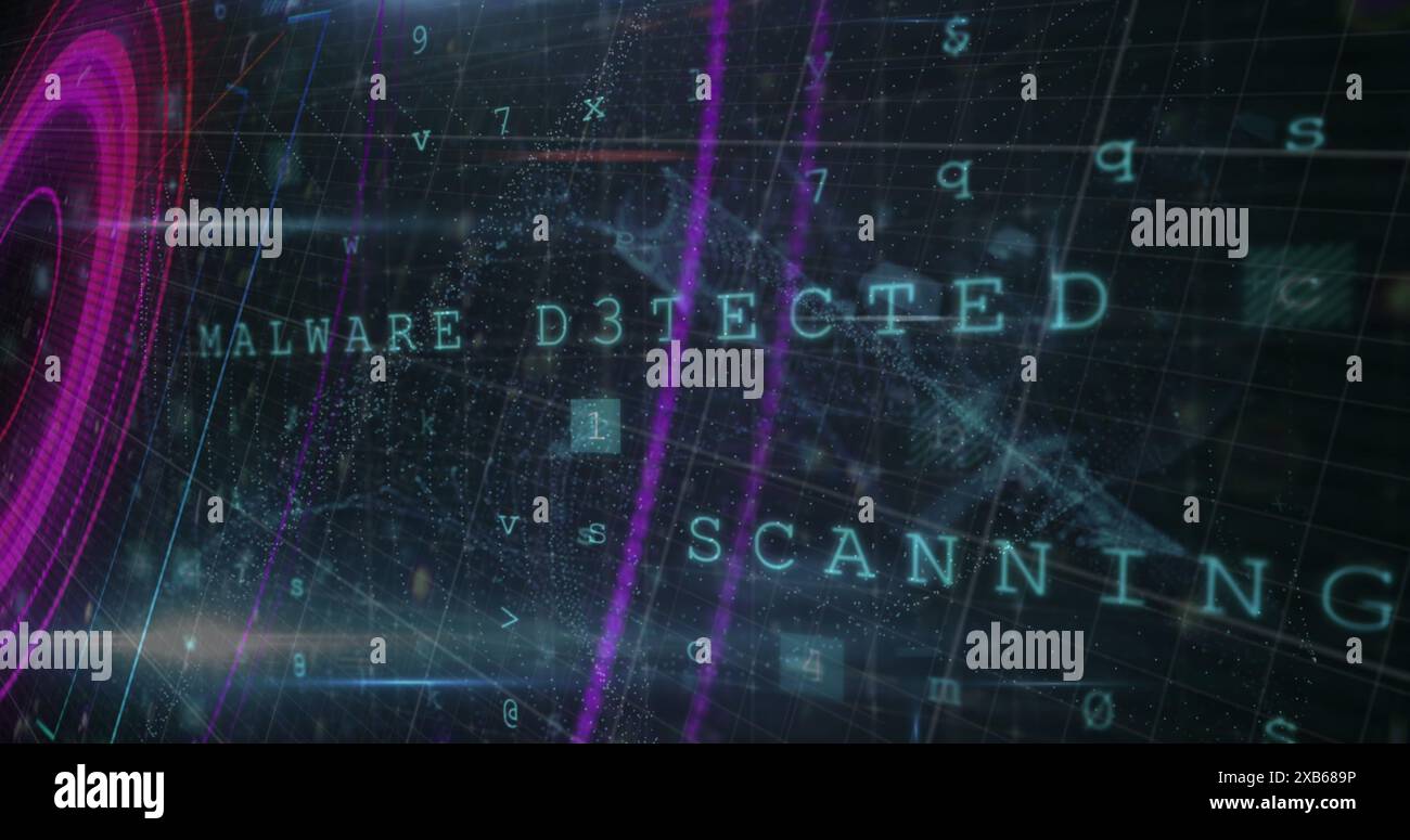 Digital screen displaying MALWARE DETECTED and SCANNING in futuristic font. Grid background with ...