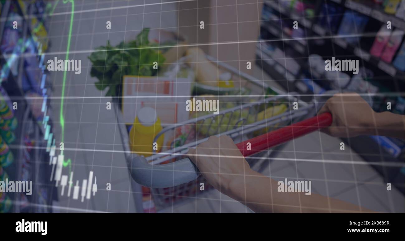 Person pushing shopping cart filled with groceries in a supermarket ...