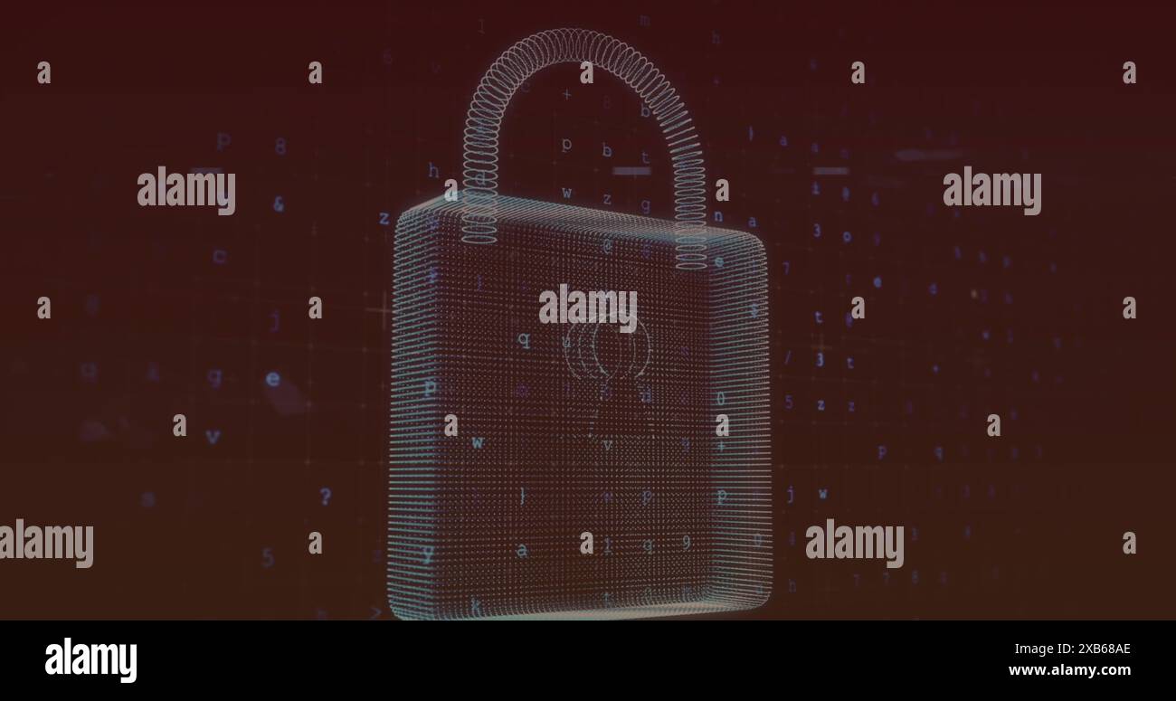 Digital lock graphic with floating letters and numbers on dark ...