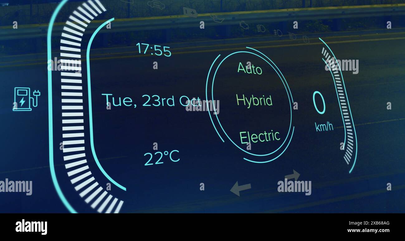 Digital dashboard display showing various car settings and information ...