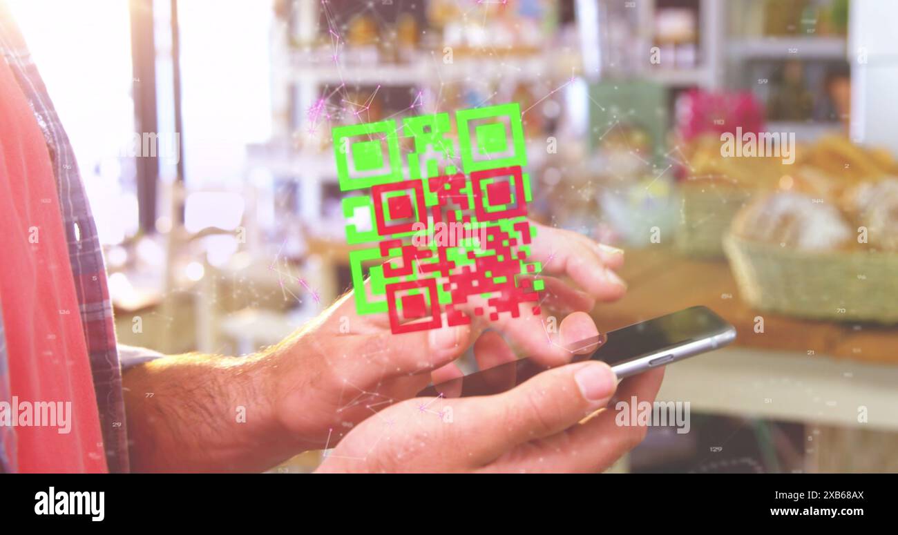 Young Caucasian person interacting with smartphone, scanning QR code ...