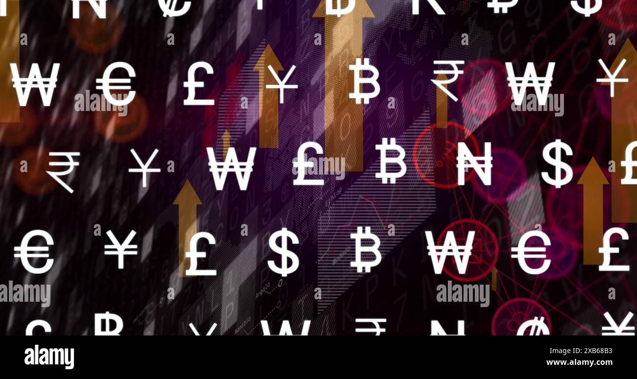 Various currency symbols are floating against dark, abstract background ...