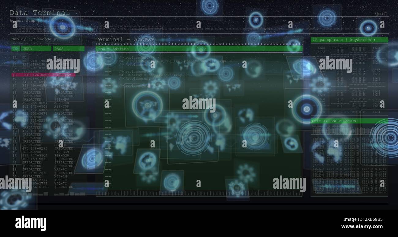 Digital interface with various holographic elements and data points ...