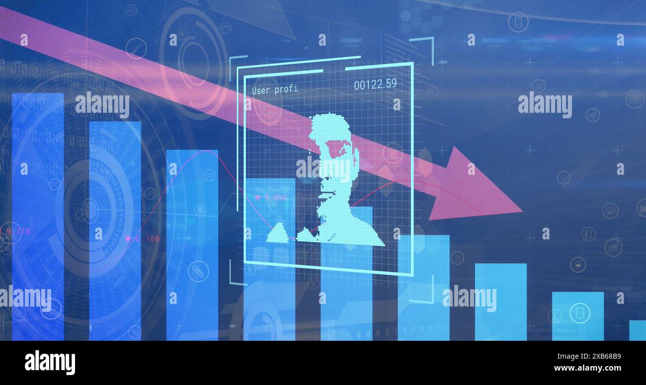 Digital interface showing user profile with a declining graph and bar ...