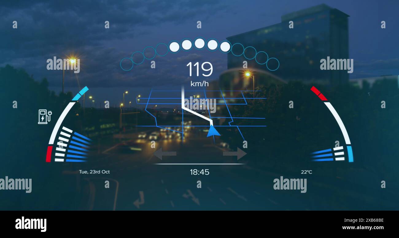 Digital speedometer display with various indicators and metrics Stock ...